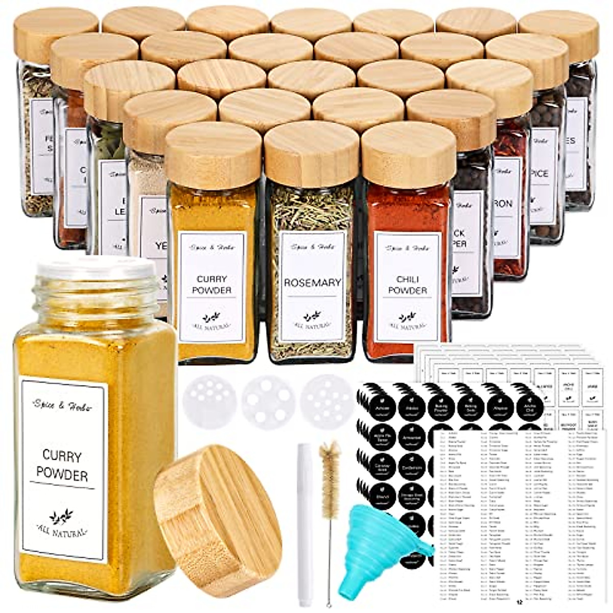 CUCUMI 25pcs Spice Jars with Labels 4oz Glass Spice Bottles with Bamboo Lids, Silicone Collapsible Funnel, Test Tube Brush and Chalk Marker, Seasoning Containers for Spice Rack, Cabinet and Drawer