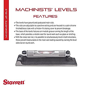 Starrett Machinist Level, 98-6 - 6 Inch Precision Leveling Tool with Cast Iron Base, Horizontal 2 Direction Glass Bubble Vial, 0.42 mm/m / 80-90 seconds Graduation and Sensitivity