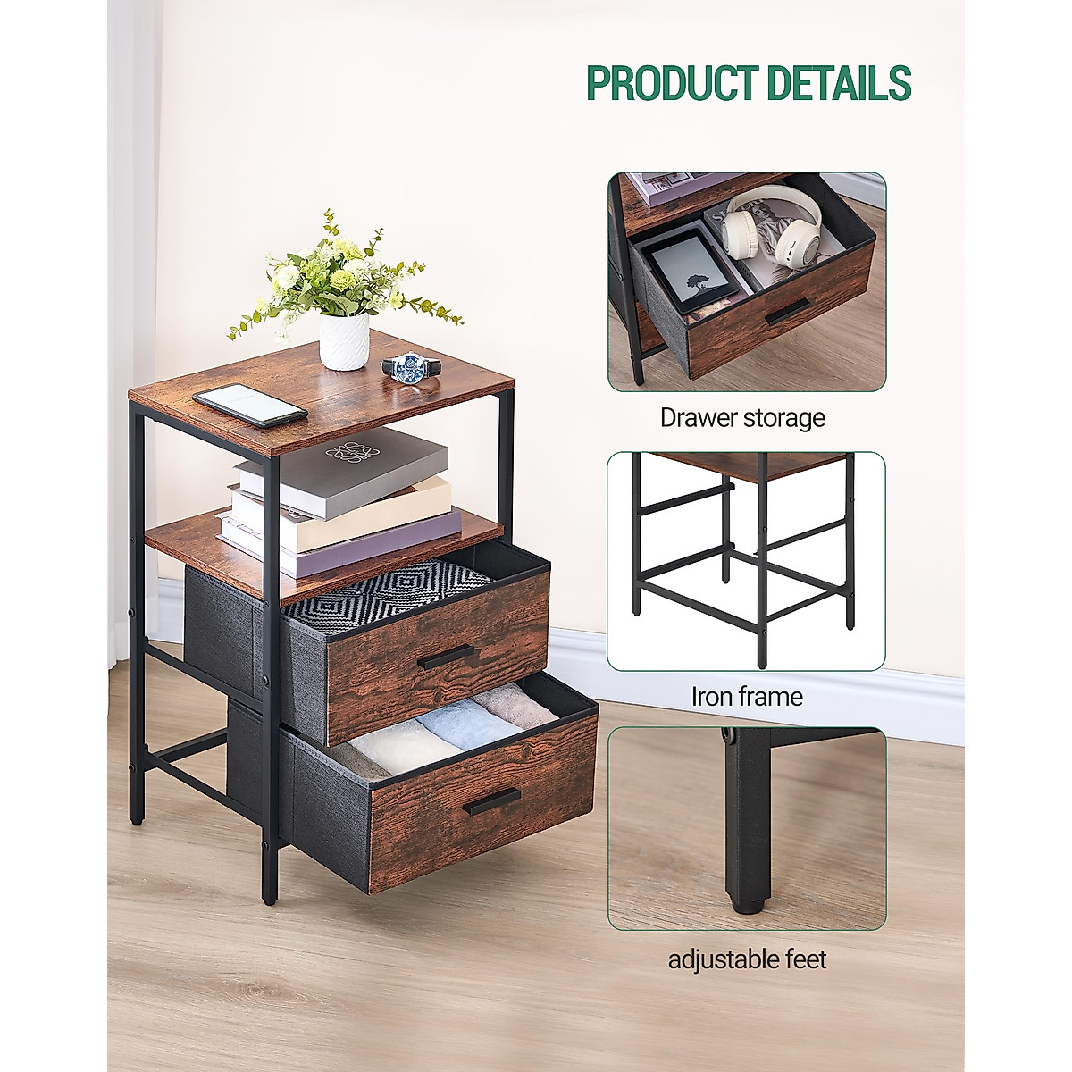 Hzuaneri End Table, Nightstands with 2 Fabric Storage Drawers and Shelves, Side Table, Bedside Tables with Open Storage Shelf for Bedroom, Office, Rustic Brown NS30701B