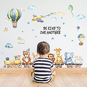 Yovkky Baby Train Animals Elephant Giraffe Monkey Wall Decals, Peel Stick Hot Air Balloon Aircraft Rabbit Bear Stickers Nursery Decor, Home Kids Room Decoration Boy Girl Bedroom Playroom Art Gifts
