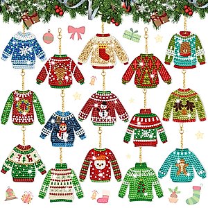 15 Pieces Christmas Ugly Sweater Diamond Painting Keychain 5d Sweater Diamond Art Keychains Christmas Diamond Painting Kits for Xmas DIY Crafts Hanging Ornaments Home Decor