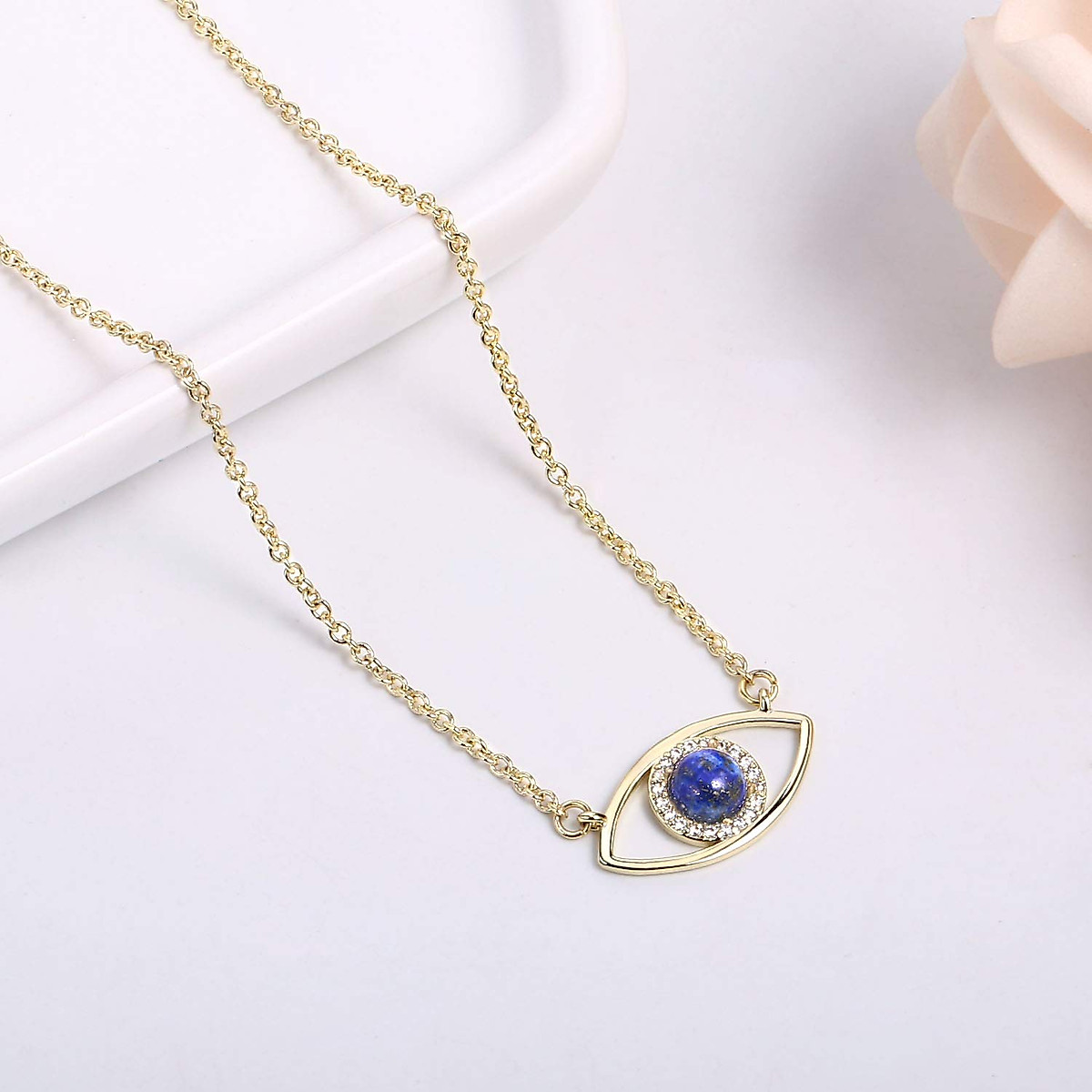 KISSPAT 14K Gold Dainty Evil Eye Necklace for Women | Gemstone Necklace Lapis Lazuli | Real Crystal Necklace for Women