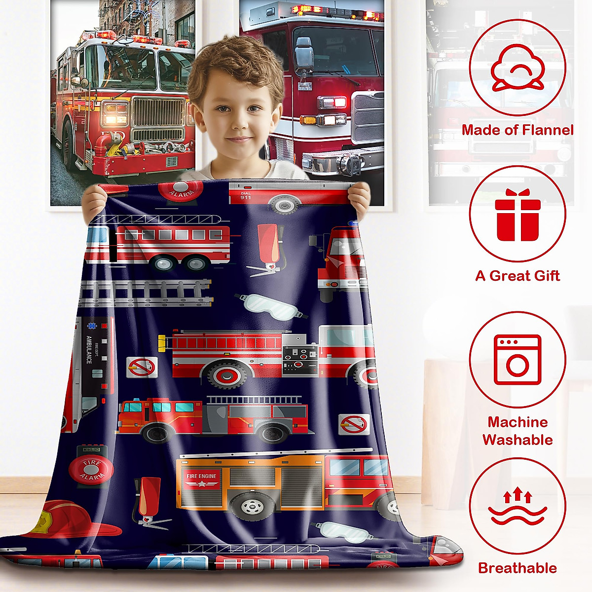 Fire Truck Blanket for Boys, Fire Truck Throw Blanket for Kids, Blue Firefighter for Teens, Soft Lightweight Flannel Truck Car Blankets for Teen Men Birthday Gifts Sofa Couch Bed Decor 40x30In