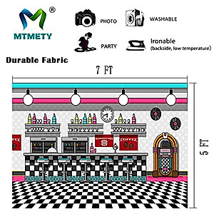 MTMETY 7x5ft Durable Soft Fabric 50s Retro Rock N Roll Diner Party Backdrop Sock Hop Dance Cosplay Prom Photography Background Classic 1950s Baby Adult Birthday Wedding Banner Photo Booth RBJLSME024