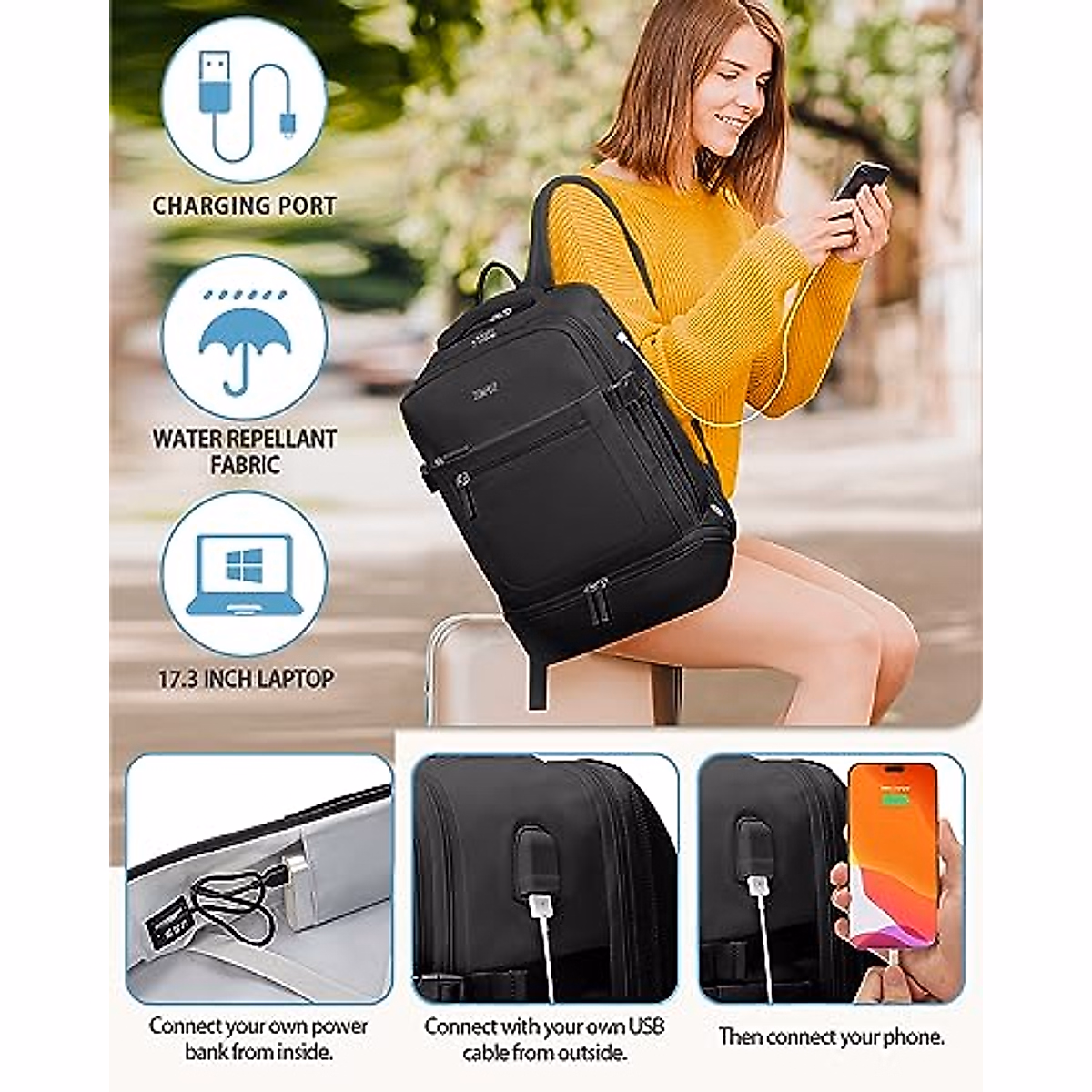 ZOMFELT Carry on Backpack for Women with Shoes Compartment, Flight Approved Travel Backpack with USB Charging Port, TSA 17.3inch Waterproof Laptop Bag Large Casual School Daypack for Weekender