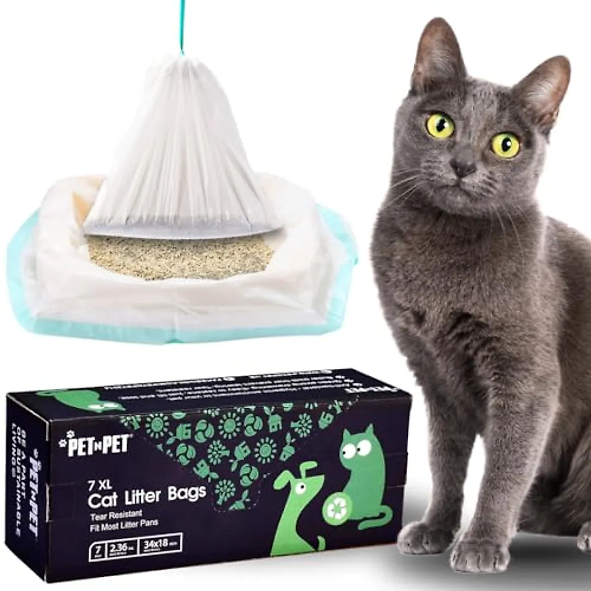 PET N PET Extra Large Cat Litter Box Liners, 7 Count Cat Litter Bags For Poop, Heavy Duty Kitty Litter Bags For Cat Poop, Tear & Leak Resistant Cat Litter Liners, Drawstring Closure Cat Bags Liners