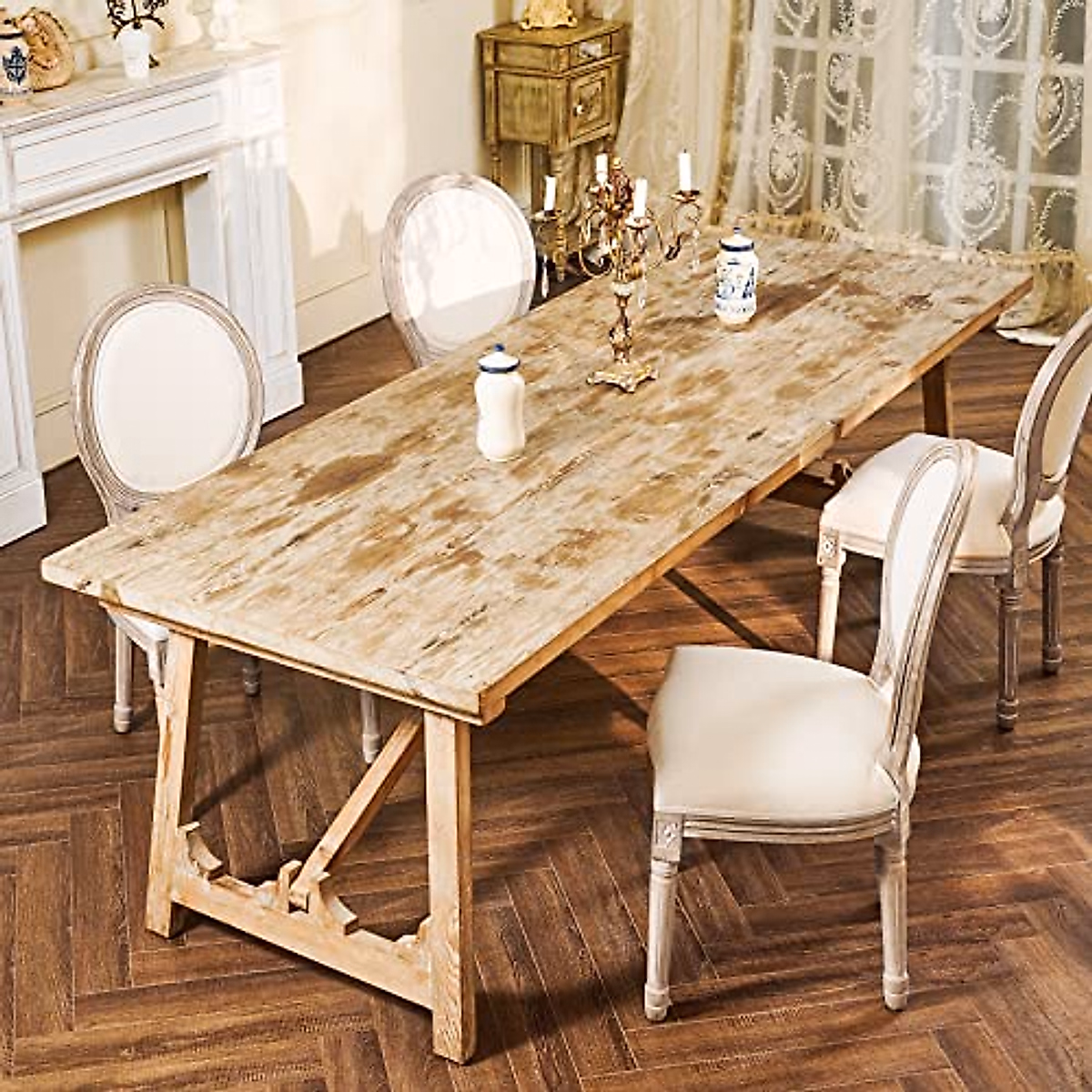 VONLUCE Vintage French Accent Chairs Set of 2, Upholstered Fabric Farmhouse Dining Chairs for Living Room Bedroom Kitchen, 2pc Vanity Chairs with Round Backs and Rubberwood Legs