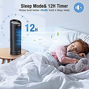 VCK Tower Fan, 80° Oscillating Fan with Remote Control, 13'' Portable Small Desk Fan, Adjustable 3 Speed, 12h Timer, 4 Mode, Personal Quiet Cooling Bladeless Table Fan For Bedroom Office Desktop