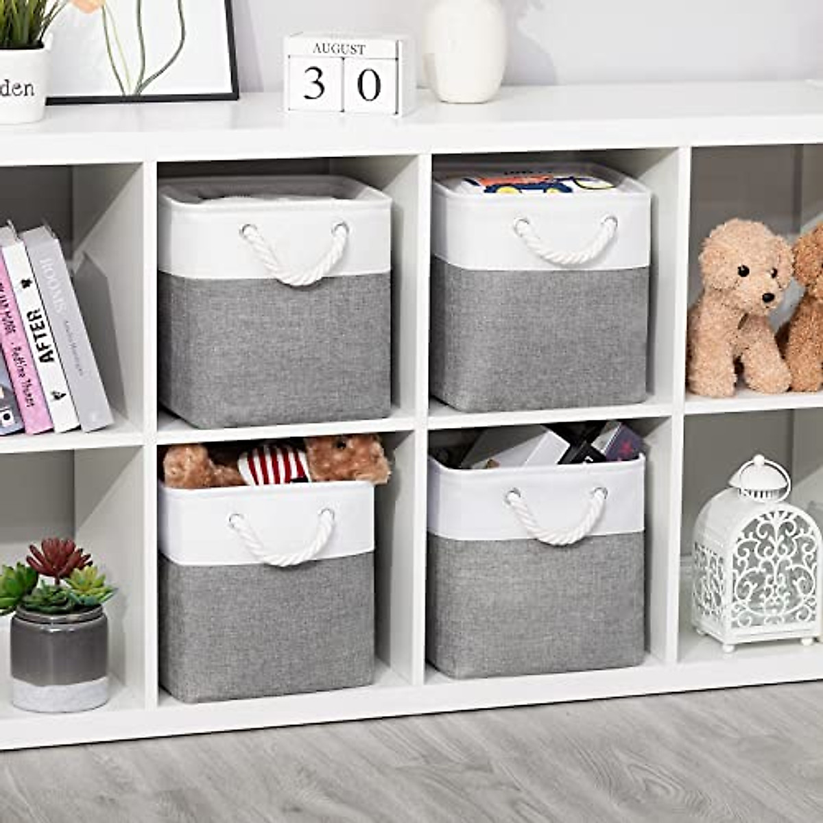 EvanColin Fabric Storage Cubes for Organizing, 11 inch Cube Storage Bin for Shelf, Home, Office, Canvas Storage Cube Bins with Rope Handles, Christmas Baskets for Gifts Empty(White&Grey,4-Pack)