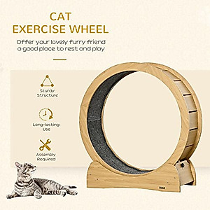 PawHut Cat Exercise Wheel Treadmill with Natural Wood Grain, Cat Spinning Wheel Exerciser for Longer Lifespan, Cat Running Wheel with Brake