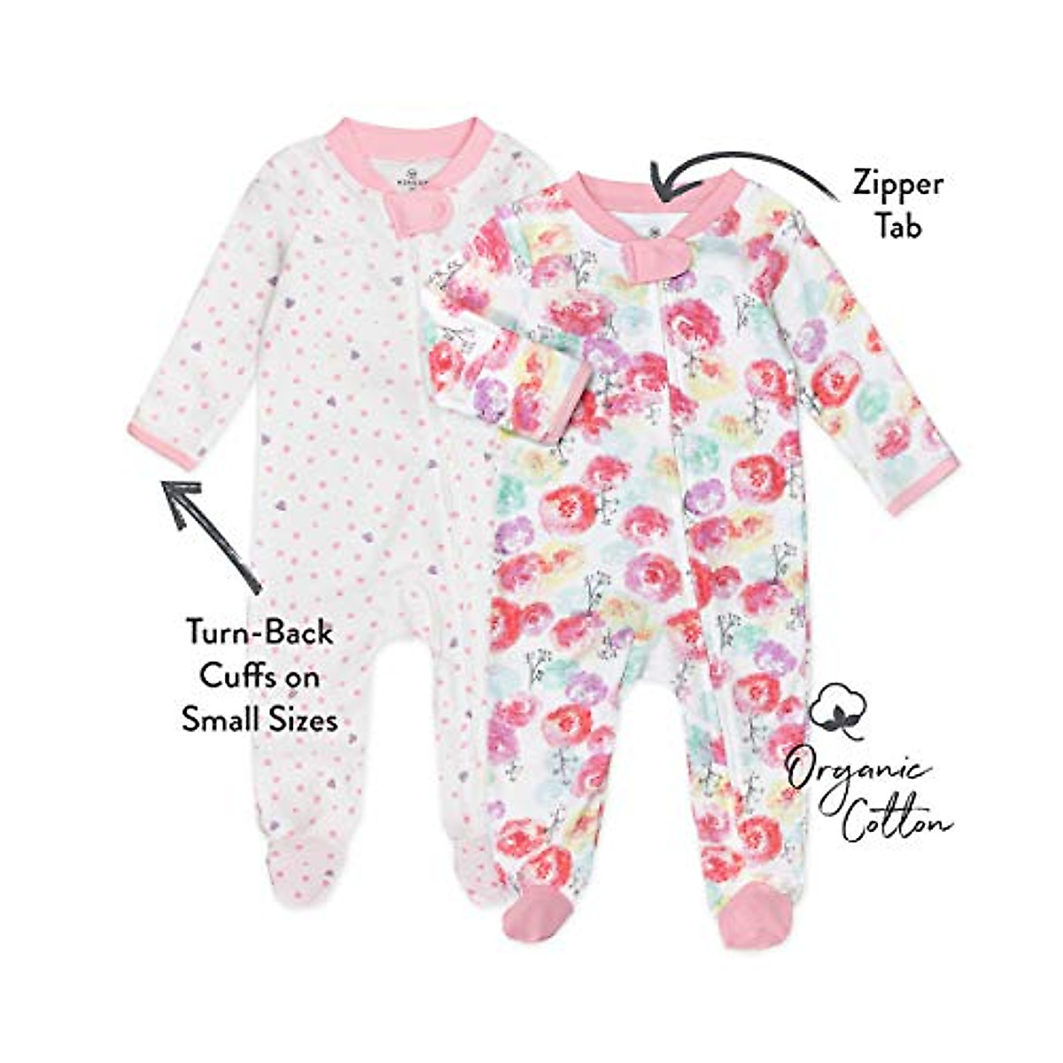 HonestBaby unisex baby 2-pack Organic Cotton Footed Pajama & Play and Toddler Sleepers, Rose Blossom/Love Dot, 0-3 Months US