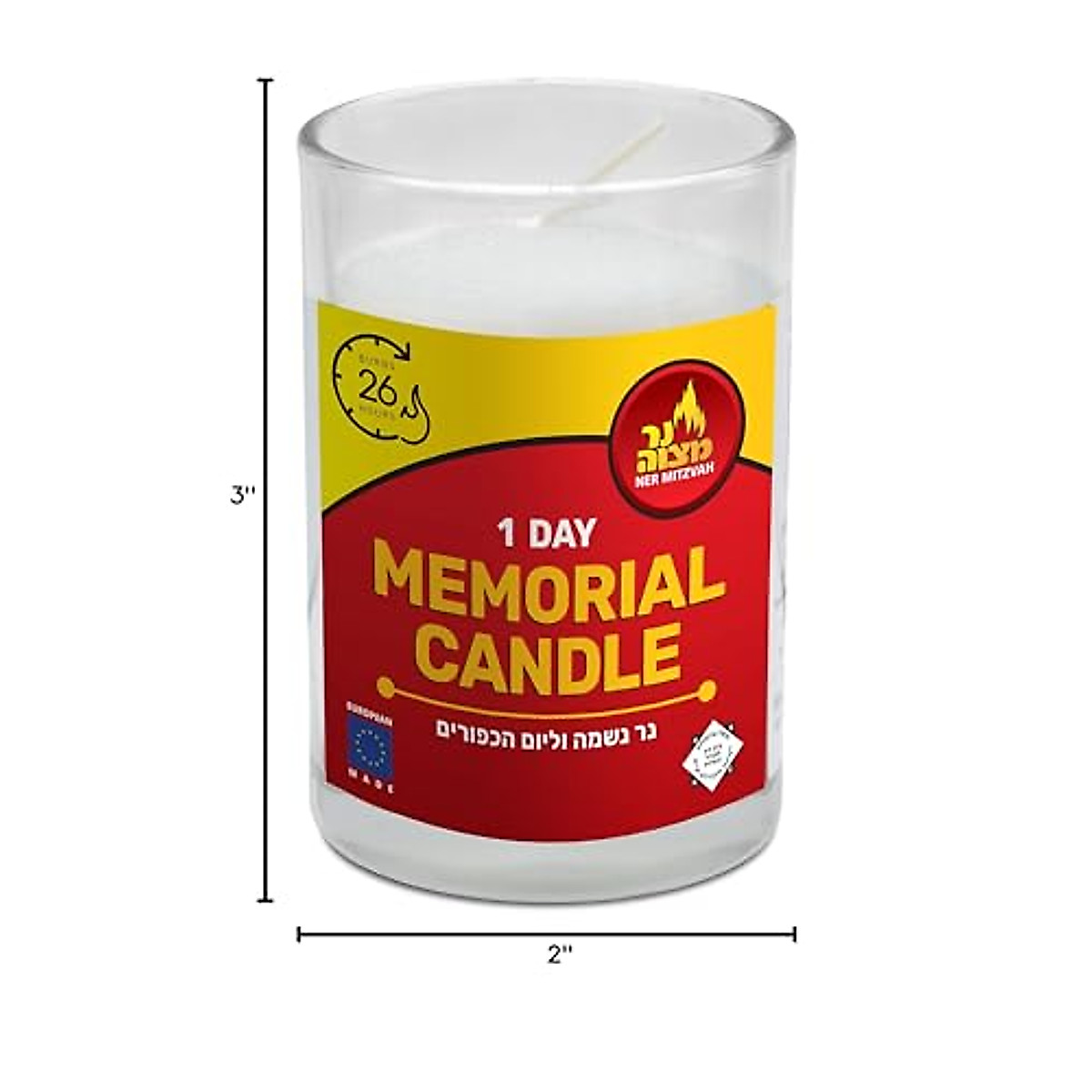 Ner Mitzvah Yahrzeit Memorial Candles - 1 Day Yahrzeit Candle - Yartzeit Candles 24 Hour Yom Kippur Jewish Candles in Glass Tumbler - 3 Pack