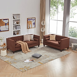 Dreamsir 58Inches Loveseat Sofa, 2 Seater Fabric Sofa Couch with Two Throw Pillows, Solid Wood, Mid Century Modern Couch for Living Room, Small Space, Apartment（Brown） 7097 Linen