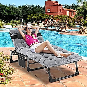 DoCred Folding Lounge Chair with Mattress, 4 Position Adjustable Folding Sleeping Bed Cot Chaise Lounge Chairs Perfect for Sunbathing, Camping, Pool, Beach, Patio