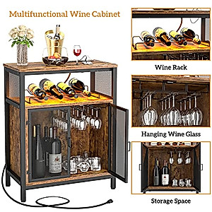 Unikito Wine Bar Cabinet with RGB Light and Outlet, FreeStanding Wine Rack Table, Liquor Cabinet with Glass Holder, Floor Bar Cabinet for Liquor and Glasses for Home Kitchen Dining Room, Rustic Brown