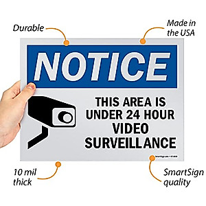 SmartSign (Pack of 5) 9 x 12 inch “Notice - This Area Is Under 24 Hour Video Surveillance” Sign, Screen Printed, 10 mil Polystyrene Plastic, Blue/Black on White