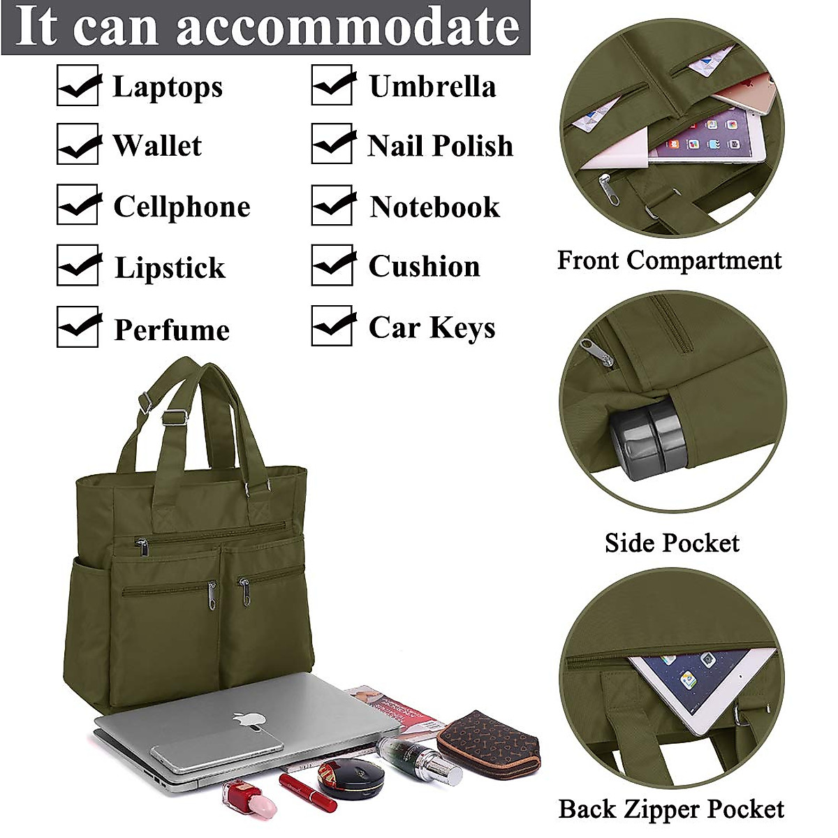 Canvas Tote Bag Waterproof Nylon Multi Pocket Shoulder Bags Laptop Work Bag Teacher Purse and Handbags for Women & Men (Army Green)