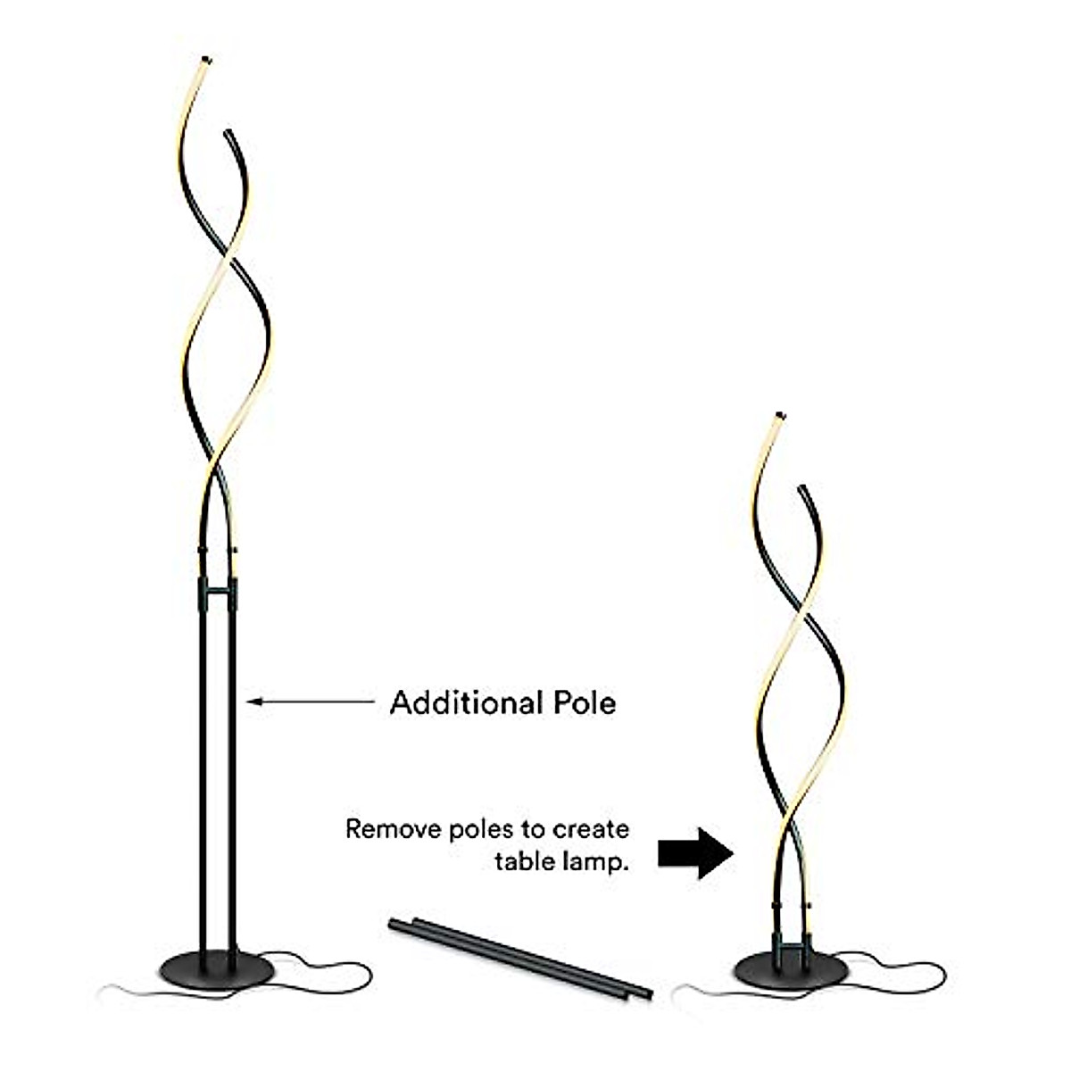 Brightech Embrace Dimmable LED Floor Lamp – Modern Spiral Adjustable Standing Lamp for Living Rooms & Offices – 2-in-1 Tall End Table Lamp for Bedroom Reading - Black