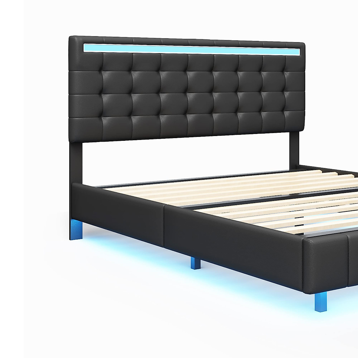 Merax Modern Tufted Floating Plattform Bed with LED Lights and USB Charging, Queen Bed Frame with Headboard, No Box Spring Needed, Black