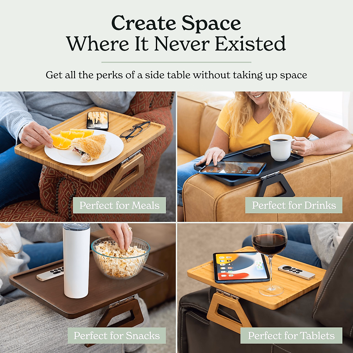 Shamrock Home Bamboo Trayble Couch Arm Table, Clip On Tray Sofa Table for Couches. Sofa Arm Tray for TV Dinners, Remotes, Drinks, Snacks and Small Spaces - 15.75 x 11inch, Brown