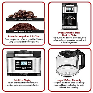 Gourmia Digital Coffee Machine 12-Cup Large coffee maker integrated Coffee Grinder & glass coffee pot with reusable stainless steel mesh coffee filter 4-Hour Keep-Warm and Freshness Indicator GCM3180