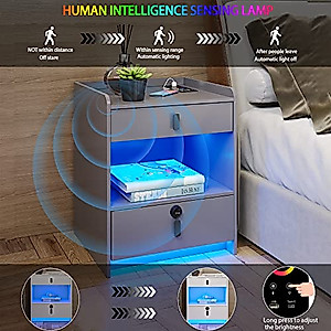 Dytler RGB Smart Nightstand, with Wireless Charging Station and USB Port, Modern Bedside Table, Bedroom LED Night Stand, 2 Drawers, Lockable, Home Office end Side Cabinet(Grey)