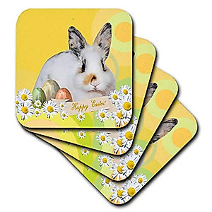 3dRose cst_174064_1 Calico Bunny Rabbit with Daisy Flowers and Three Easter Eggs, Happy Easter-Soft Coasters, Set of 4