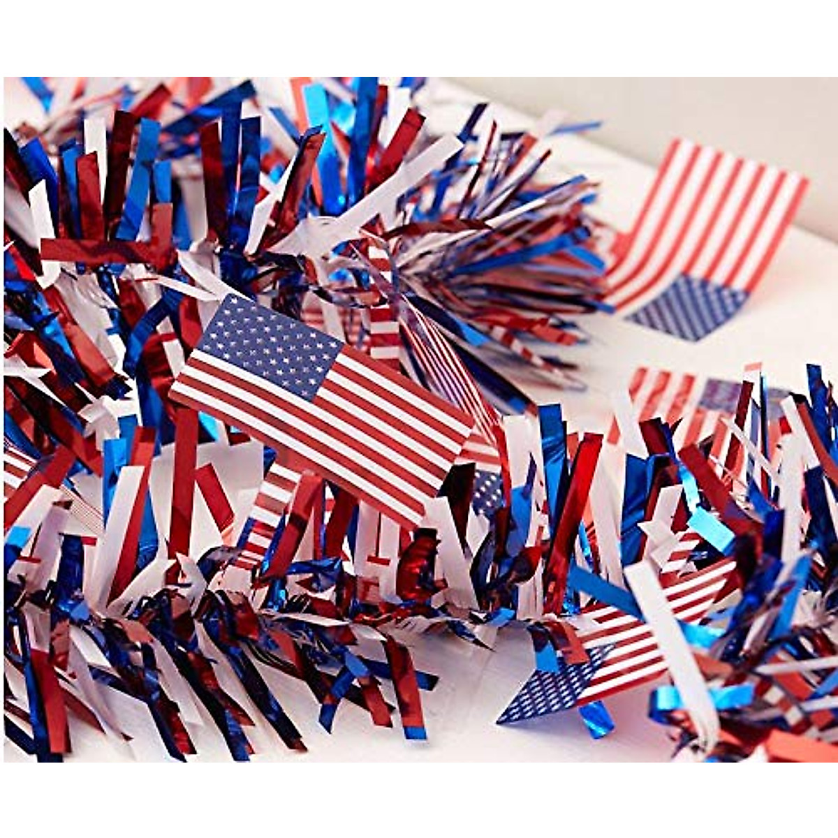 Patriotic Tri-Color Tinsel Garland w/Flag Accents: 9 feet