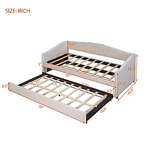 Flieks Twin Size Upholstered Daybed,Solid Wood Sofa Bed Frame Daybed Couch with Trundle Bed and Wood Slat,Beige