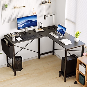 OLIXIS L Shaped Computer Desk Gaming Corner 50 Inch Writing PC Wooden Table with CPU Storage Shelf & Side Bag for Home Office Bedroom Small Space, 50-Inch, Black