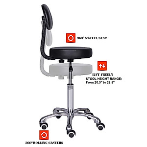Kaleurrier Rolling Swivel Adjustable Heavy Duty Drafting Stool Chair for Salon,Medical,Office and Home uses,with Wheels and Back (Black)