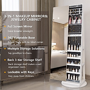 LVSOMT 360° Swivel Jewelry Armoire Cabinet, Full Length Mirror with Jewelry Storage, Standing Jewelry Armoire Organizer with Mirror, Rotatable, Large Capacity (White)