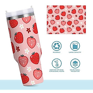 ARGTILDN 30 oz Tumbler Strawberry Flower Cartoon Insulated Travel Mug with Handle and Straw Lid Stainless Steel Vacuum Coffee Cup Tea Beverage Container Water Bottles for Car Sports office
