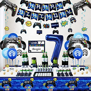 Video Game Party Decorations - 7th Birthday Decorations for Boys, HAPPY BIRTHDAY Banner, Video Game Balloons, Number 7 Blue Balloons, Gaming Hanging Swirls, Game On Birthday Party Supplies