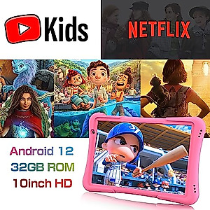 PRITOM 10 inch Kids Tablet Android 12 Tabletas 32GB, Quad-Core, 6000mAh, Large HD IPS Display, WiFi 6, Dual Camera, Bluetooth, Toddler Tablet for Kids Age 3+, Pink