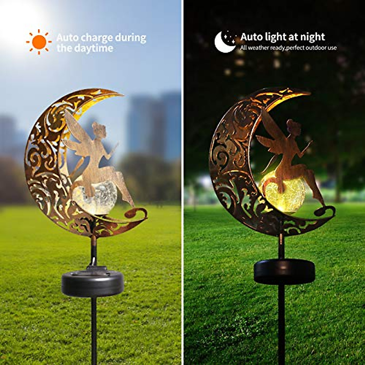 YJFWAL Garden Solar Lights Pathway Stake Lights Moon Fairy Glass Globe with Angel Decor, Outdoor Decorative Lights Waterproof for Walkway, Yard, Lawn, Patio or Courtyard Halloween Decor(Warm White)