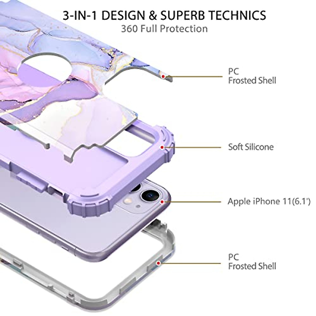 Hekodonk for iPhone 11 Case, Heavy Duty Shockproof Protection Hard Plastic+Silicone Rubber Hybrid Protective Case for Apple iPhone 11 6.1 Inch Purple Marble