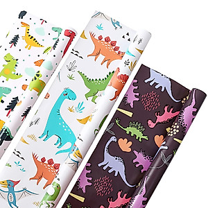 U'COVER Cute Dinosaur Birthday Wrapping Paper for Boys Girls Kids Baby Shower 3 Styles Cartoon Animal Monster Gift Wrapping Paper Roll for Holiday Anniversary Graduation (3 ROLL-44.4 sq.ft.ttl
