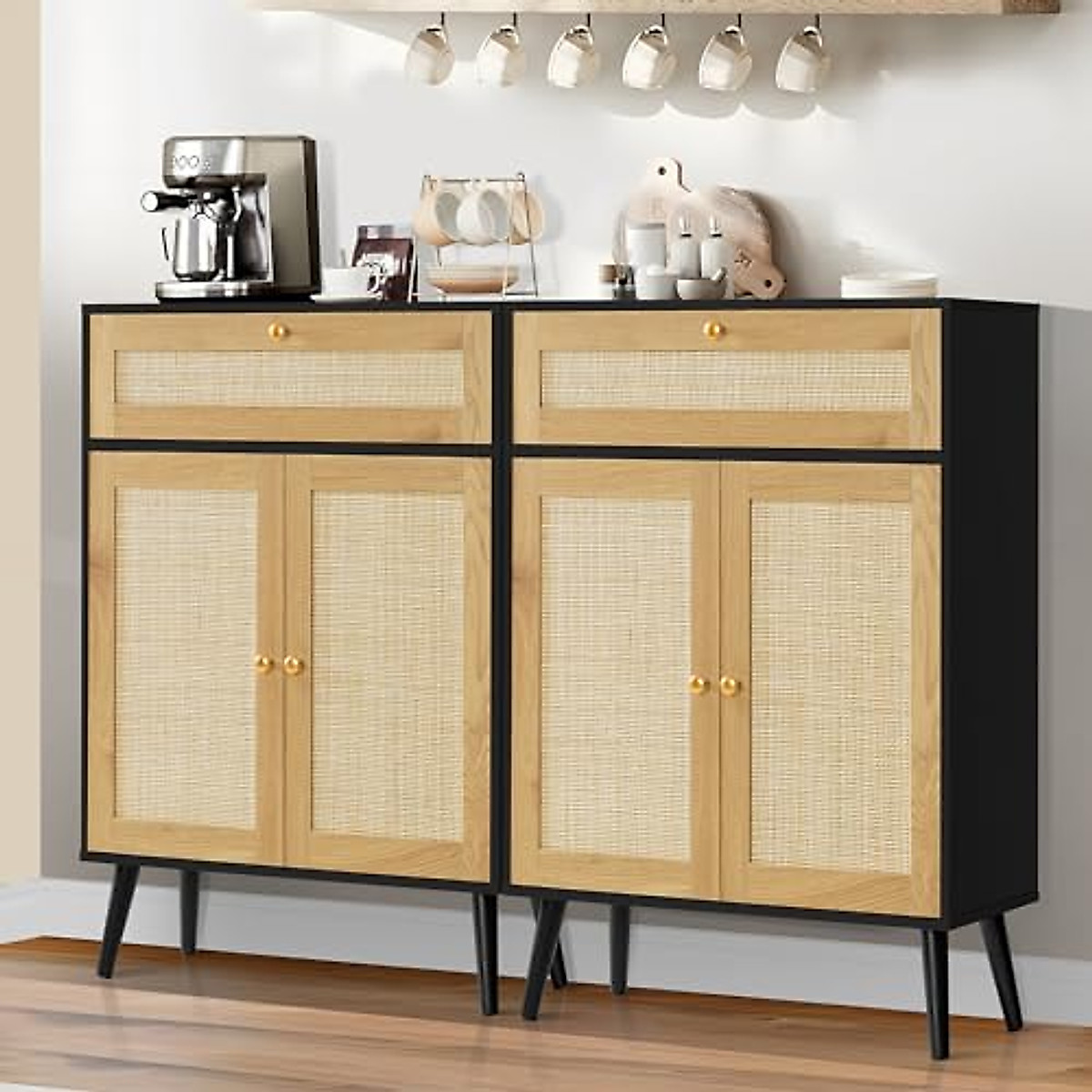 Iwell Storage Cabinet with Adjustable Shelf, Rattan Cabinet with Large Drawer, Accent Cabinet for Dining Room, Entryway, Living Room, Black