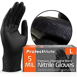Protectmate 5 Mil Black Nitrile Gloves for Food Prep - Textured Food Prep Gloves - Food Handling Gloves Disposable Latex Free Gloves for Cooking, Catering, Food Service - Medium (Box of 100)