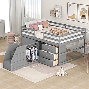 Solid Wood Full-Size Low Loft Bed Frame with Cabinets, Staircase with Hanging Clothes and Drawers for Kids, Pure Gray