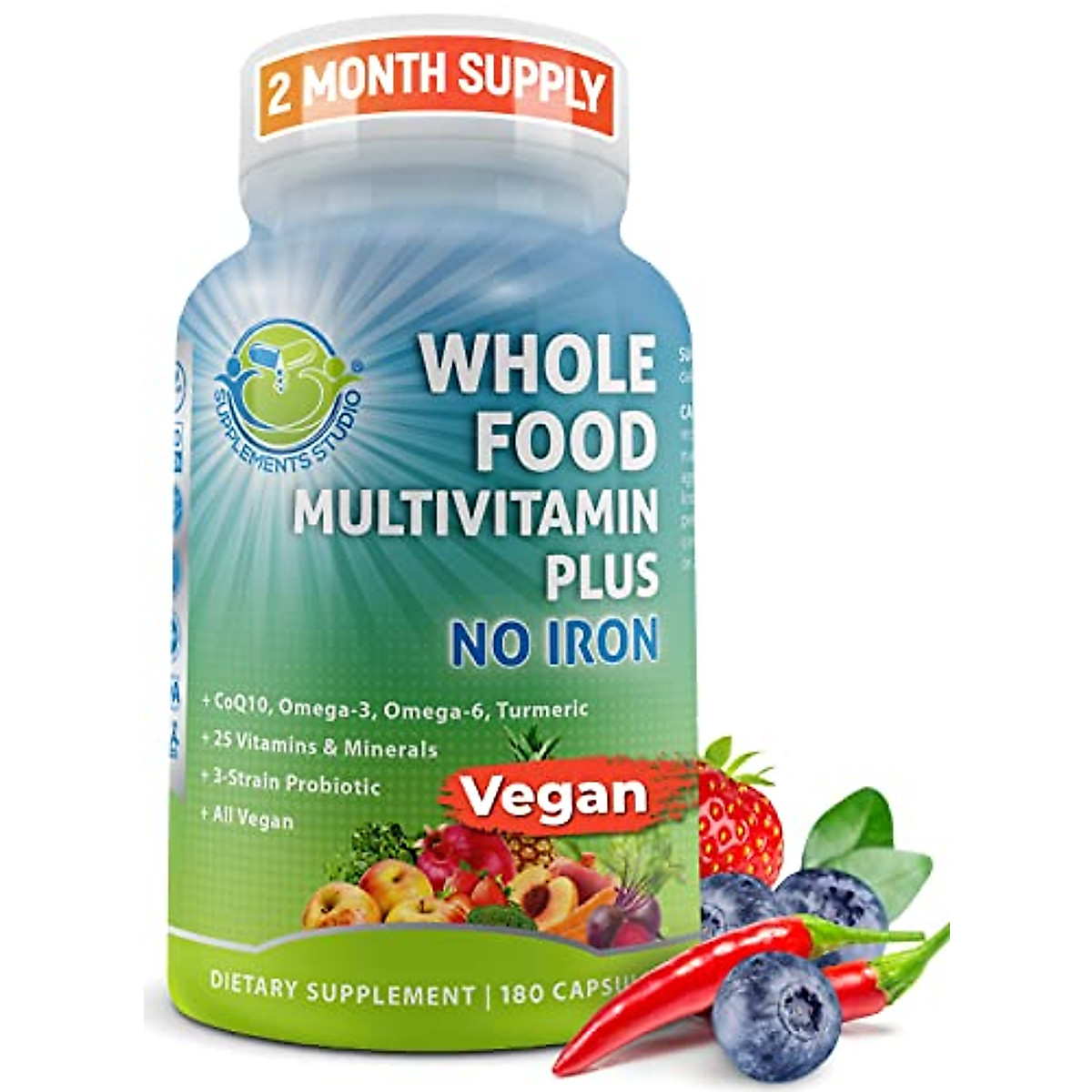 Vegan Whole Food Multivitamin without Iron, Daily Multivitamin for Men and Women, Organic Fruits & Vegetables, B-Complex, Probiotics, Enzymes, CoQ10, Omegas, Turmeric, All Natural, Non-GMO, 180 Count