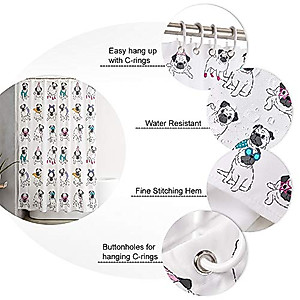 BestLives 4 Pcs Shower Curtain Sets with Rugs Cute Pug Puppy Dog Non-Slip Soft Toilet Lid Cover for Bathroom Animal Bathroom Sets with Bath Mat and 12 Hooks