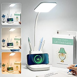 GOLSPARK Desk Lamp with Wireless Charger, Eye-Caring LED Desk Lamps for Home Office, Touch White Small Desk Light Dimming 3 Colors, 800LM, Gooseneck Study Lamp with Pen Holder for College Dorm Room