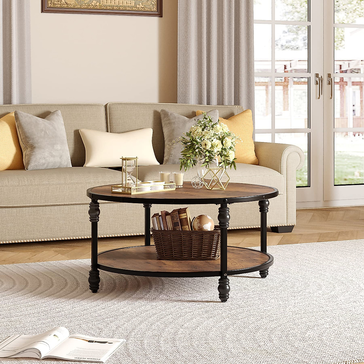 IDEALHOUSE Round Coffee Table for Living Room Rustic Center Table with Storage Shelf Wood Circle Coffee Table with Sturdy Metal Legs, Easy Assembly