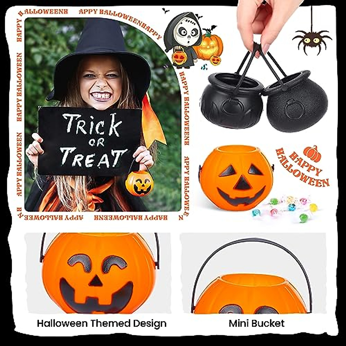 Jenaai 40 Pcs Mini Halloween Pumpkins and Cauldrons Black Witch Cauldron Small Pumpkin Pail Candy Cauldron with Handles Plastic Witch Leprechaun Pot for Wizard Trick or Treat Party Favors, 4 Styles