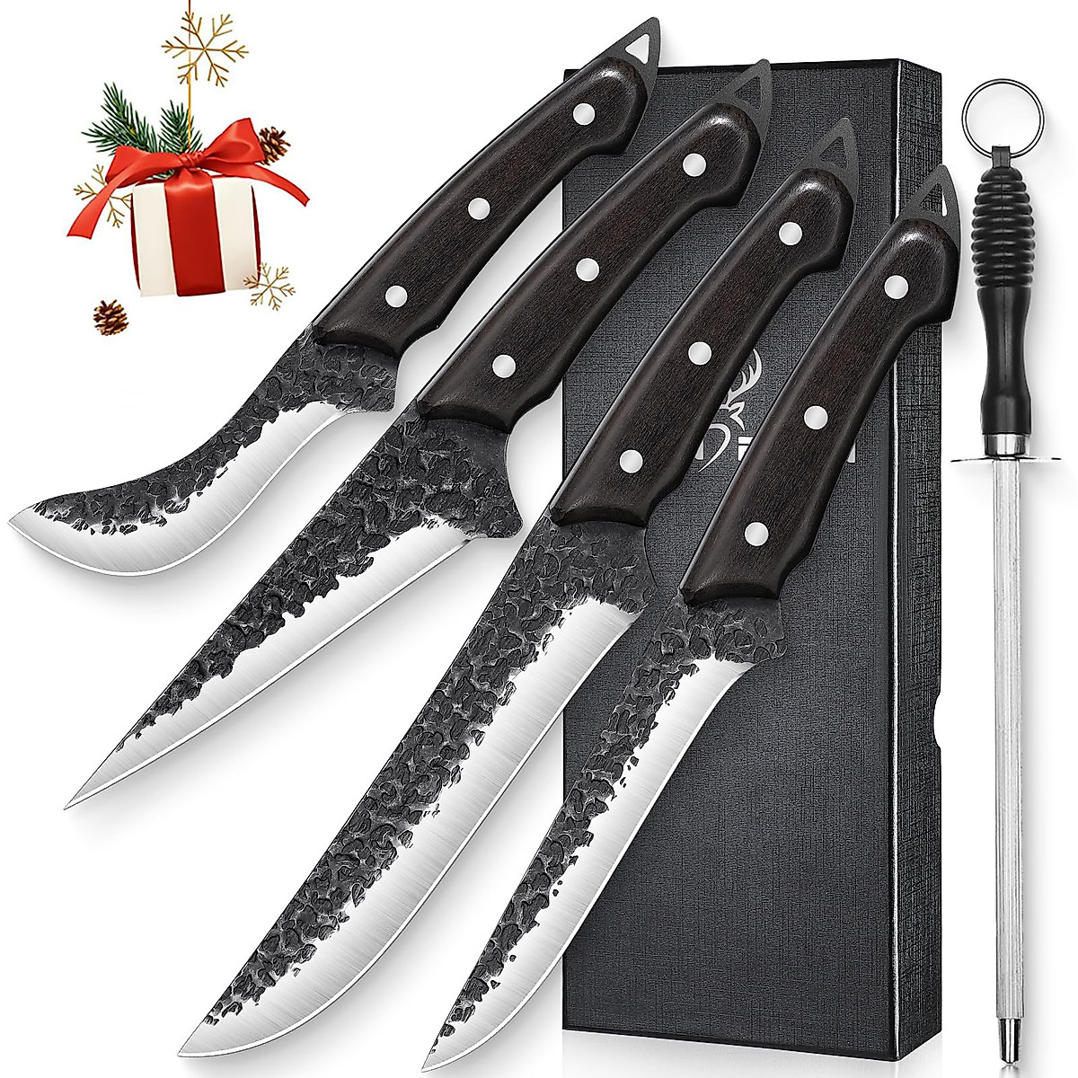TAN REN Boning Knife Set, 6PCS Butcher Knife Set for Meat Cutting, Hand Forged Skinning Set with Sharpening Rod, High Carbon Steel Meat Trimming Knife for Kitchen & Outdoor, Christmas Gift for Men