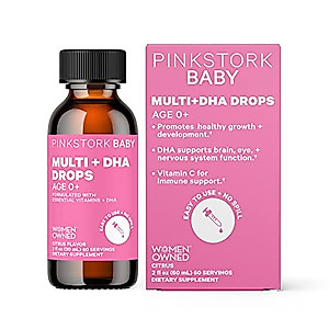 Pink Stork Baby Multivitamin Drops with DHA: Liquid Baby & Toddler Vitamin Drops for Brain Health & Immune Support, Vitamin D & B Complex Vitamins, Choline, Women-Owned, Unflavored, 2 oz, 60 Servings