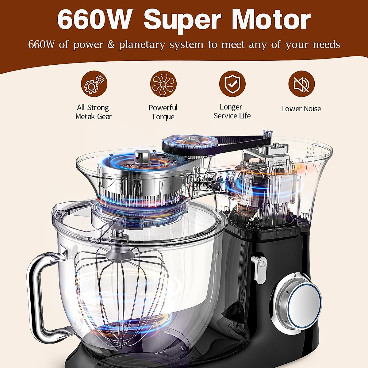 Stand Mixer CWIIM 8.5Qt 660W mixers kitchen electric stand mixer 6+P Speed stand up mixer with Dough Hook, Flat Beater, Whisk, Splash Guard, for dough mixer Baking Bread Cake Cookie Salad Egg (Black)