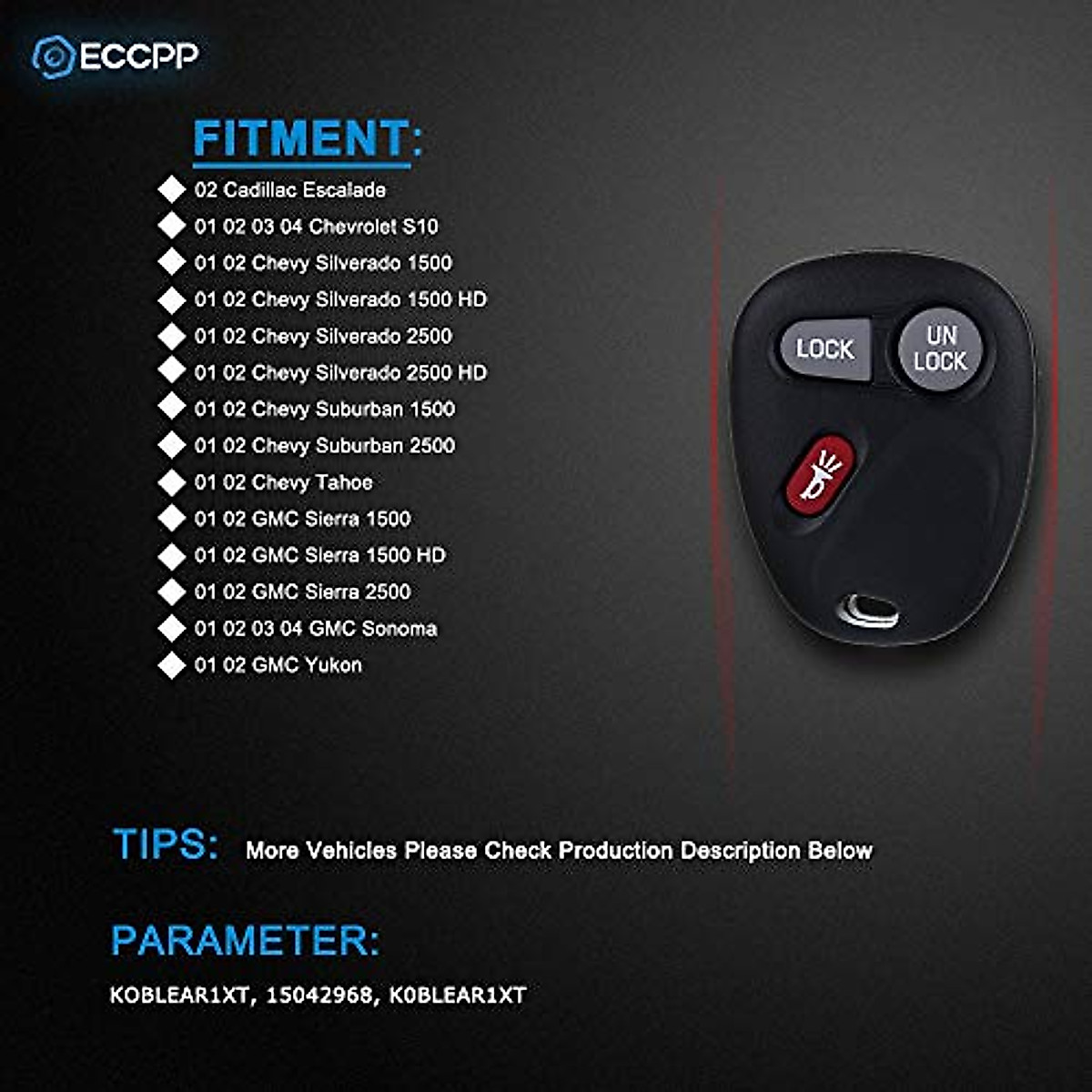 ECCPP Replacement Keyless Entry Remote Key Fob fit for Chevy S10 Chevy Silverado 1500 2500 Chevy Tahoe GMC Sierra 1500 KOBLEAR1XT (2x KOBLEAR1XT 15042968 K0BLEAR1XT)
